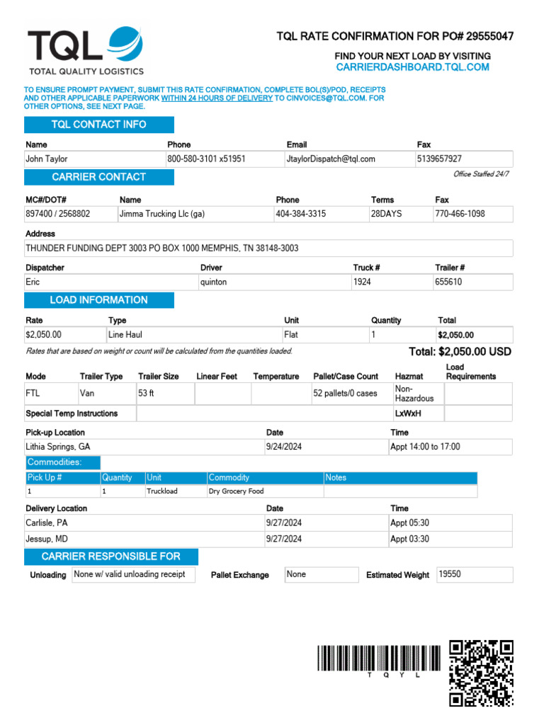 Carrier Rate Confirmation | PDF
