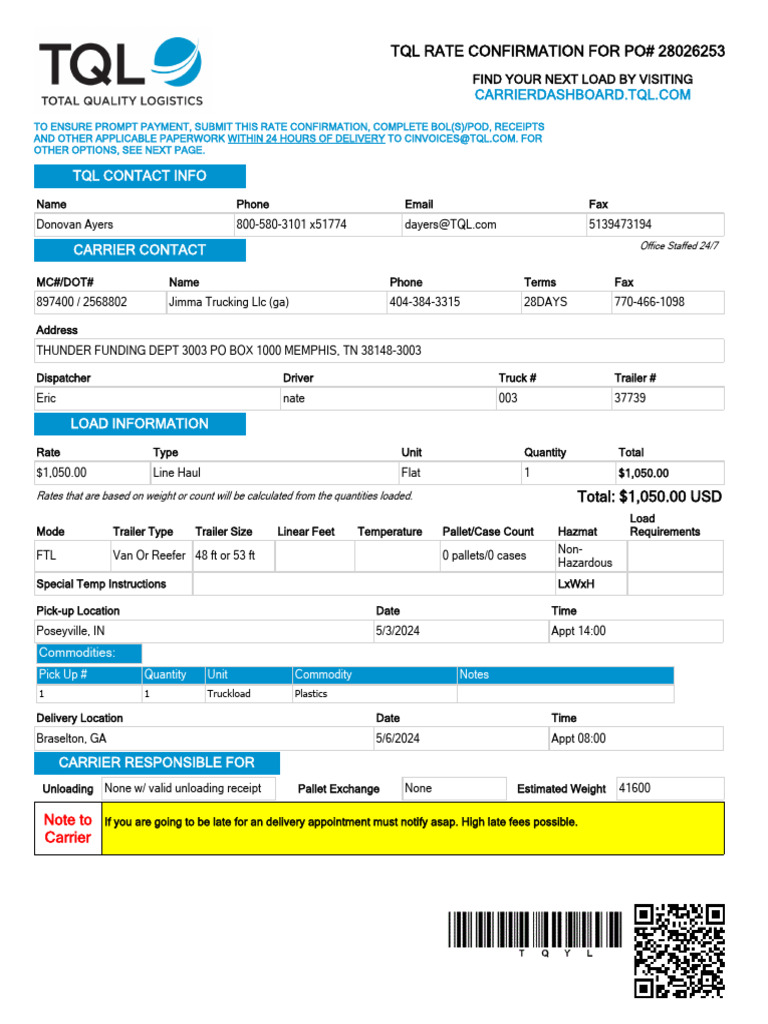 Carrier Rate Confirmation | PDF