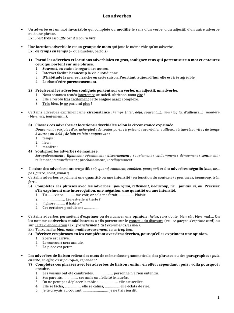 Les Adverbes Exercices Et Leçon | PDF