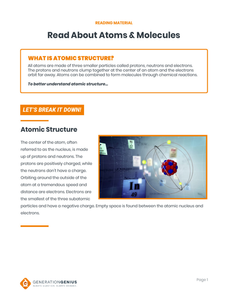 Atoms Molecules Reading Material Grades 6 8 | PDF