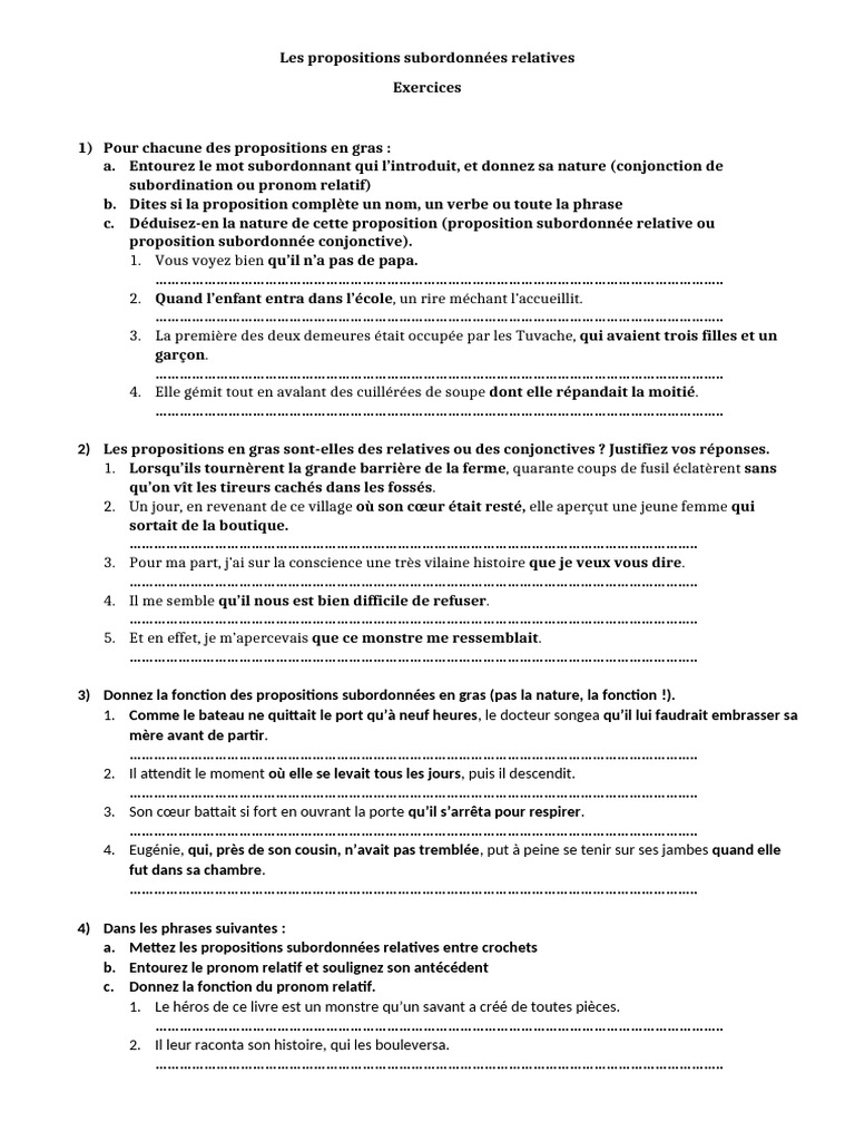 Les Propositions Subordonnées Relatives Ou Conjonctives - Exercices d' Application 2 | PDF