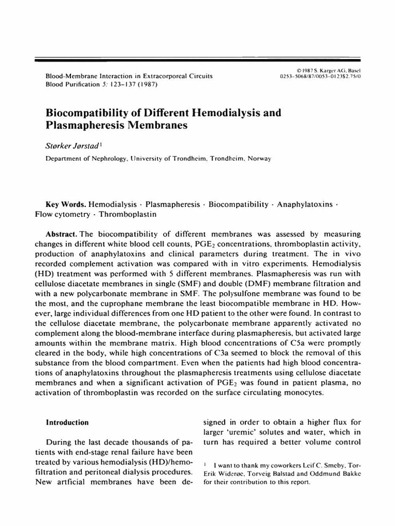 Biocompatibility of Different Hemodialysis and Plasmapheresis Membranes | PDF | Hemodialysis ...
