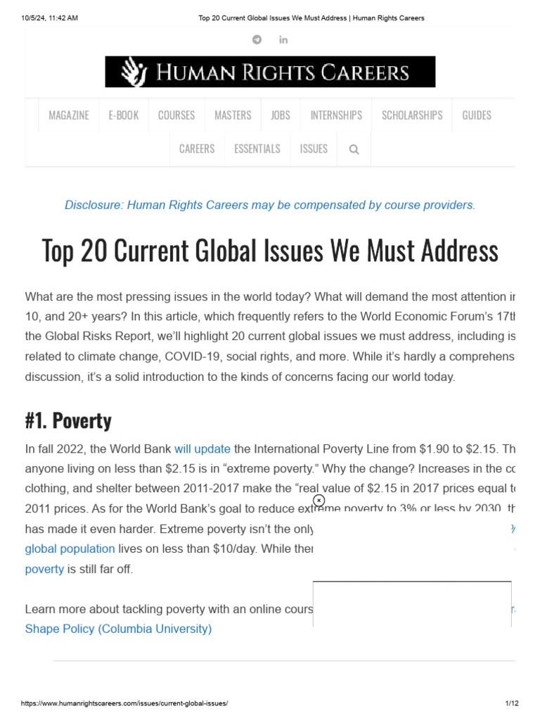 Top 20 Current Global Issues We Must Address - Human Rights Careers | PDF