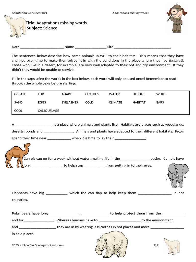 021 Adaptation Worksheet Missing Words | PDF