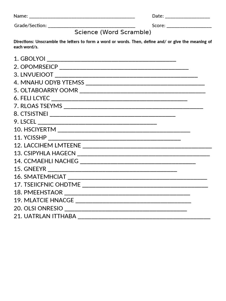 Science (Word Scramble) | PDF