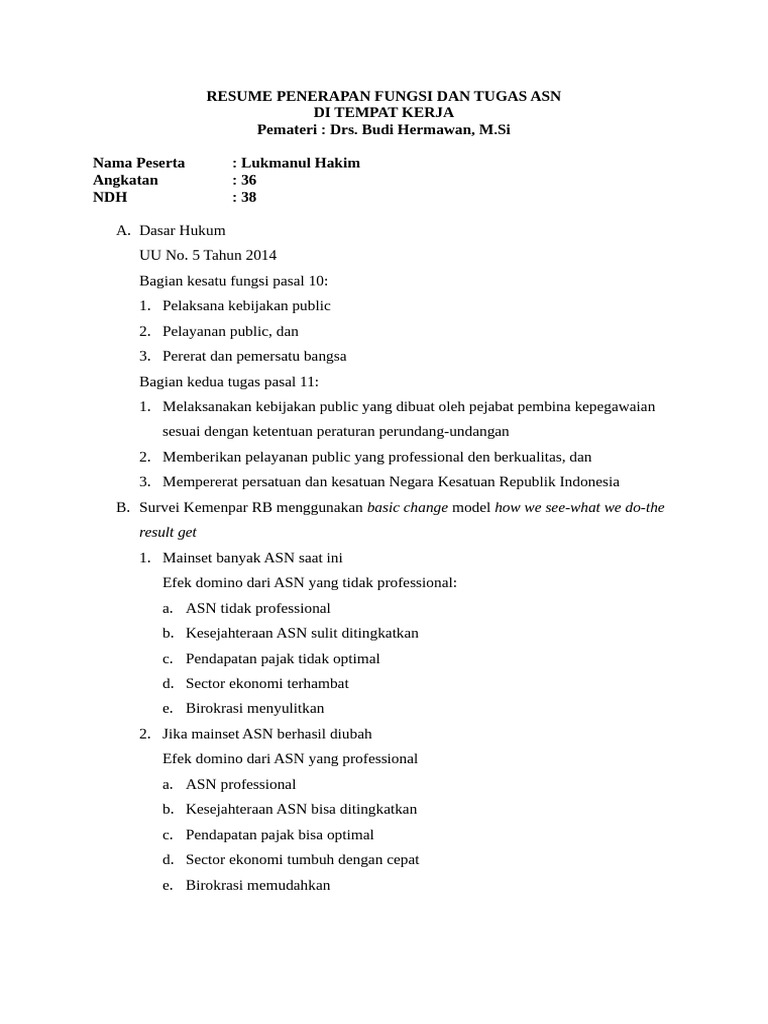 Resume Penerapan Fungsi Dan Tugas Asn | PDF