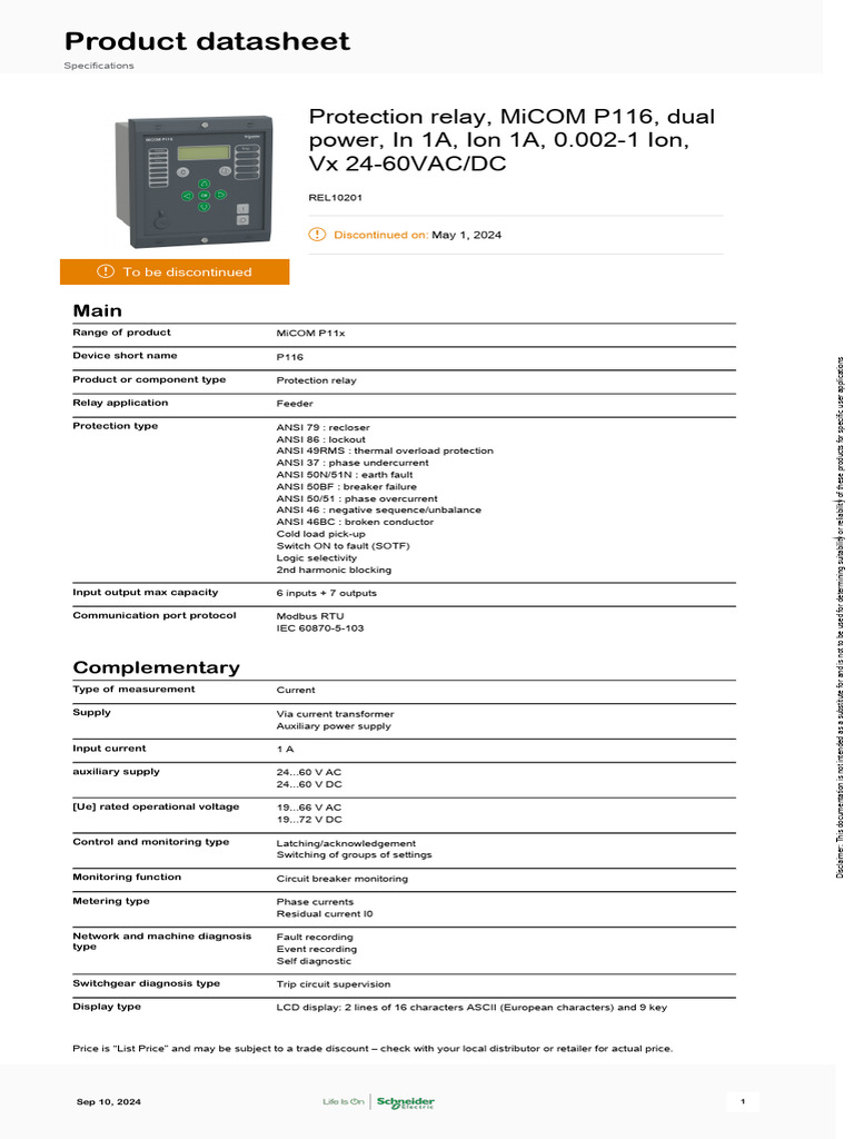 Schneider Electric PowerLogic MiCOM P115 and P116 REL10201 | PDF