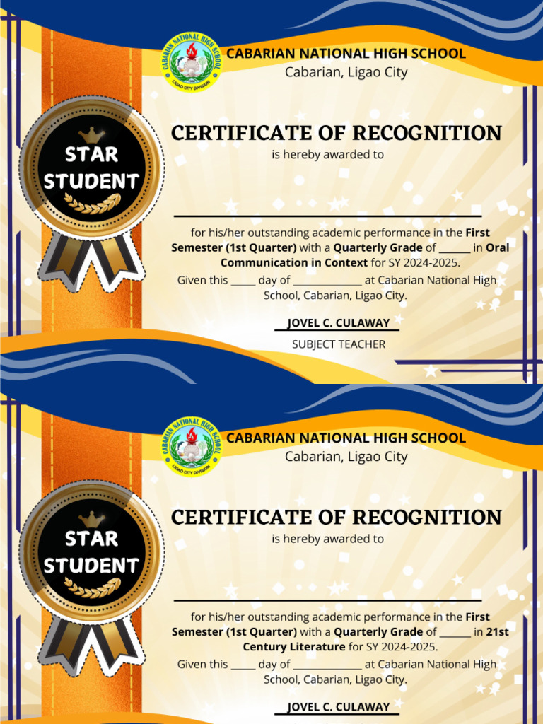 Star Students Certificates | PDF