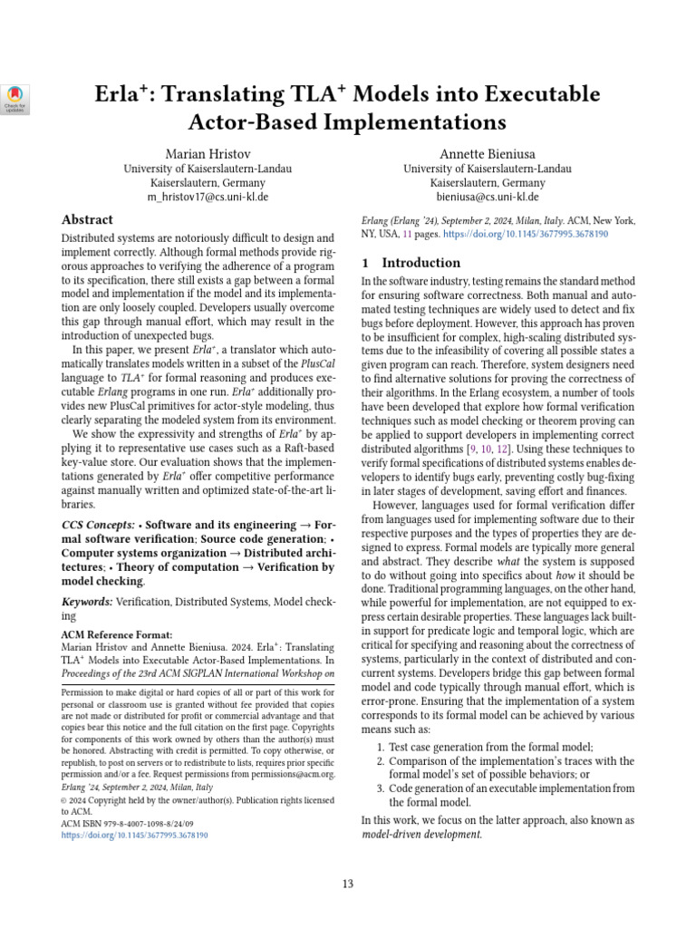 Erla - Translating TLA Models Into Executable Actor-Based Implementations | PDF