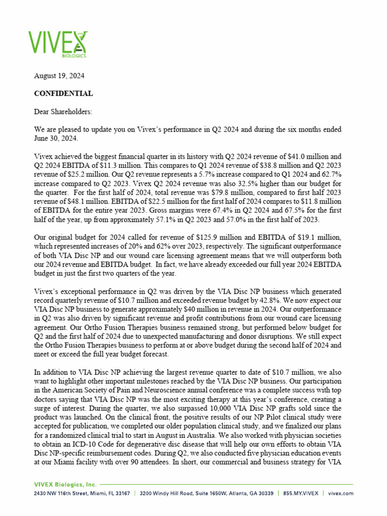 Vivex Stockholder Letter Q2 2024 Update 8.19.2024 | PDF