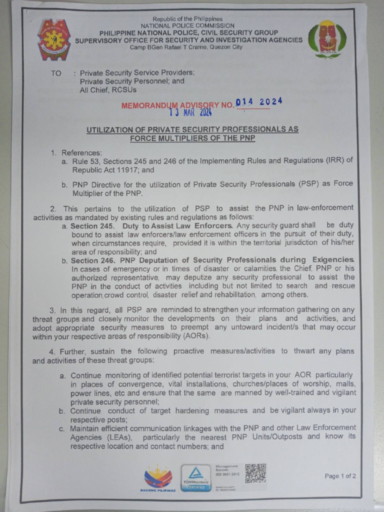 SOSIA Advisory Utilization of PSA As Force Multipliers of The PNP Mar 13, 2024 | PDF