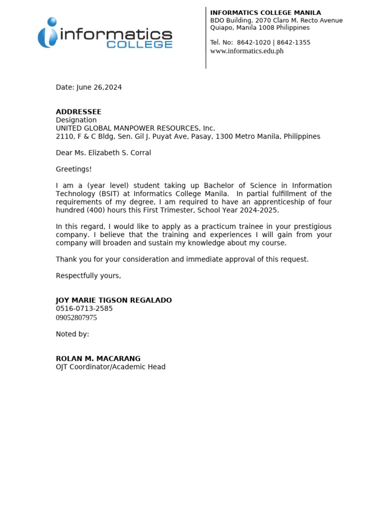 ANNEX F - OJT Application Letter | PDF
