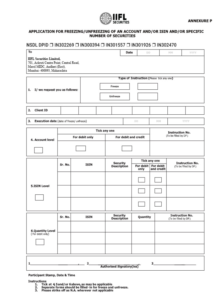 Account Freeze Unfreeze Form - NSDL | PDF