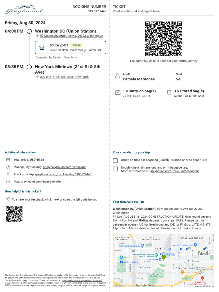 Ticket Washington D C New York Ny 3190172443 | PDF | Bus Transport ...