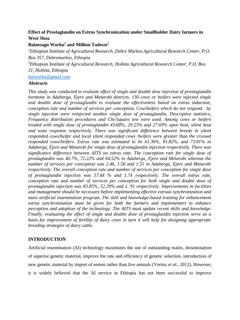 Effect Of Prostaglandin On Estrus Synchronization Pdf