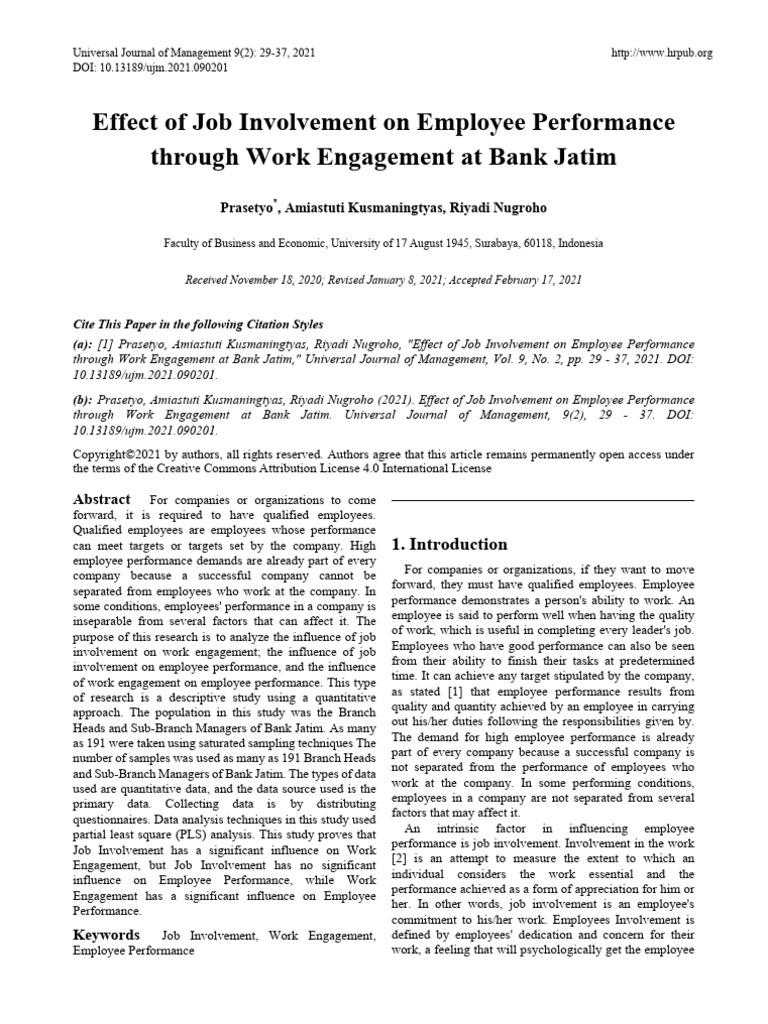 Effect of Job Involvement On Employee Performance | PDF