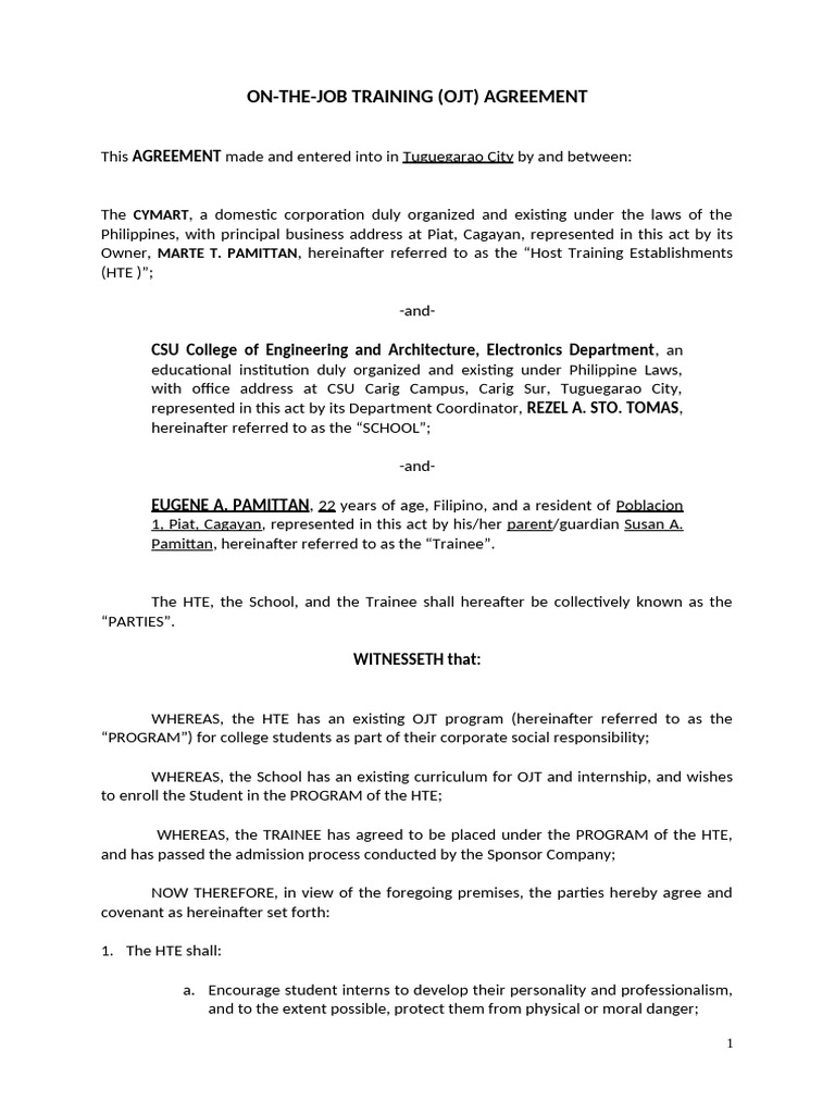 OJT Agreement Form | PDF