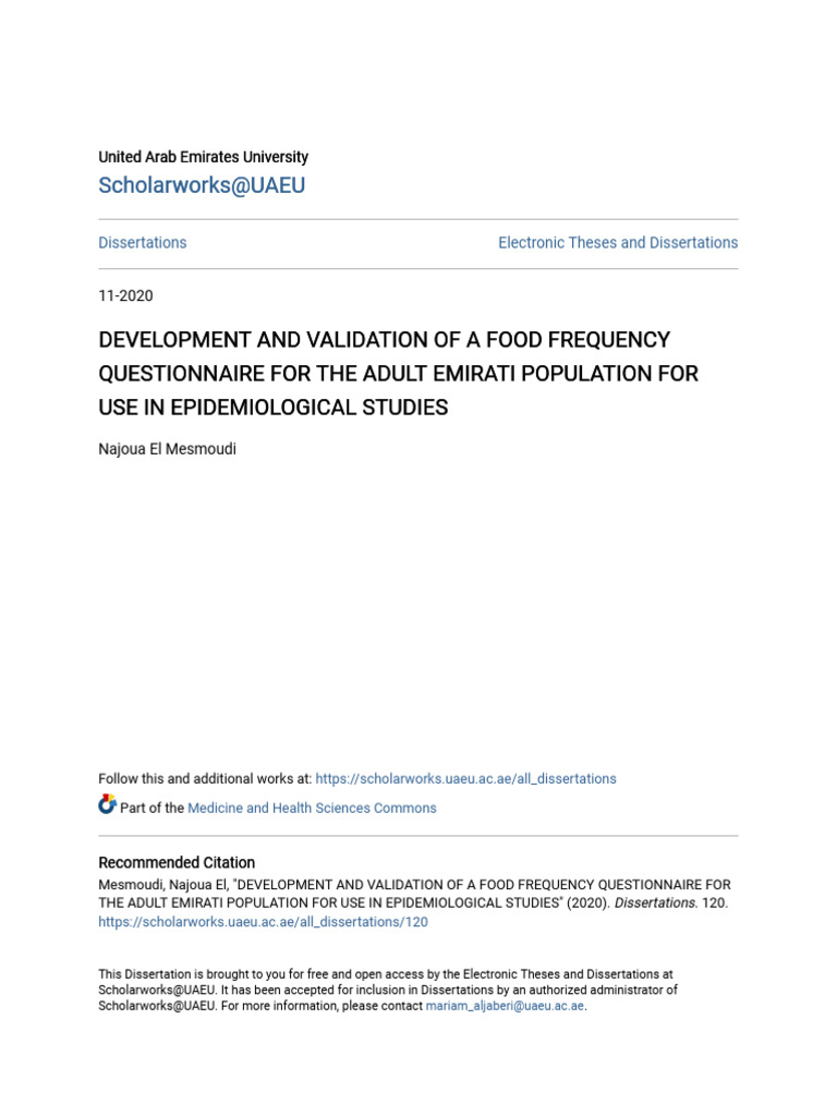 Development and Validation of a Food Frequency Questionnaire For | PDF