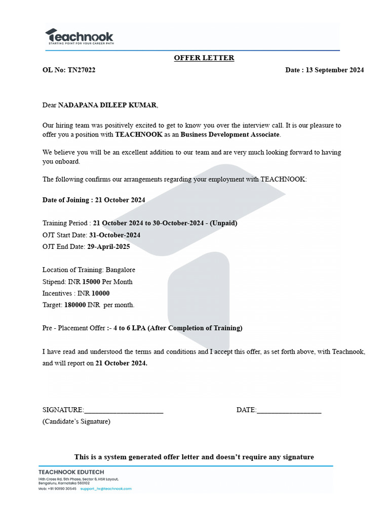 Teachnook Offer Letter - Nadapana Dileep Kumar | PDF