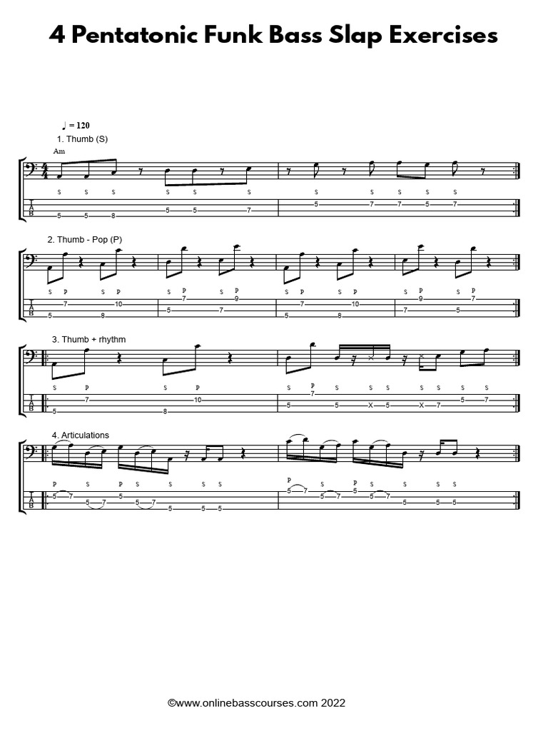 4 Pentatonic Funk Bass Slap Exercises | PDF