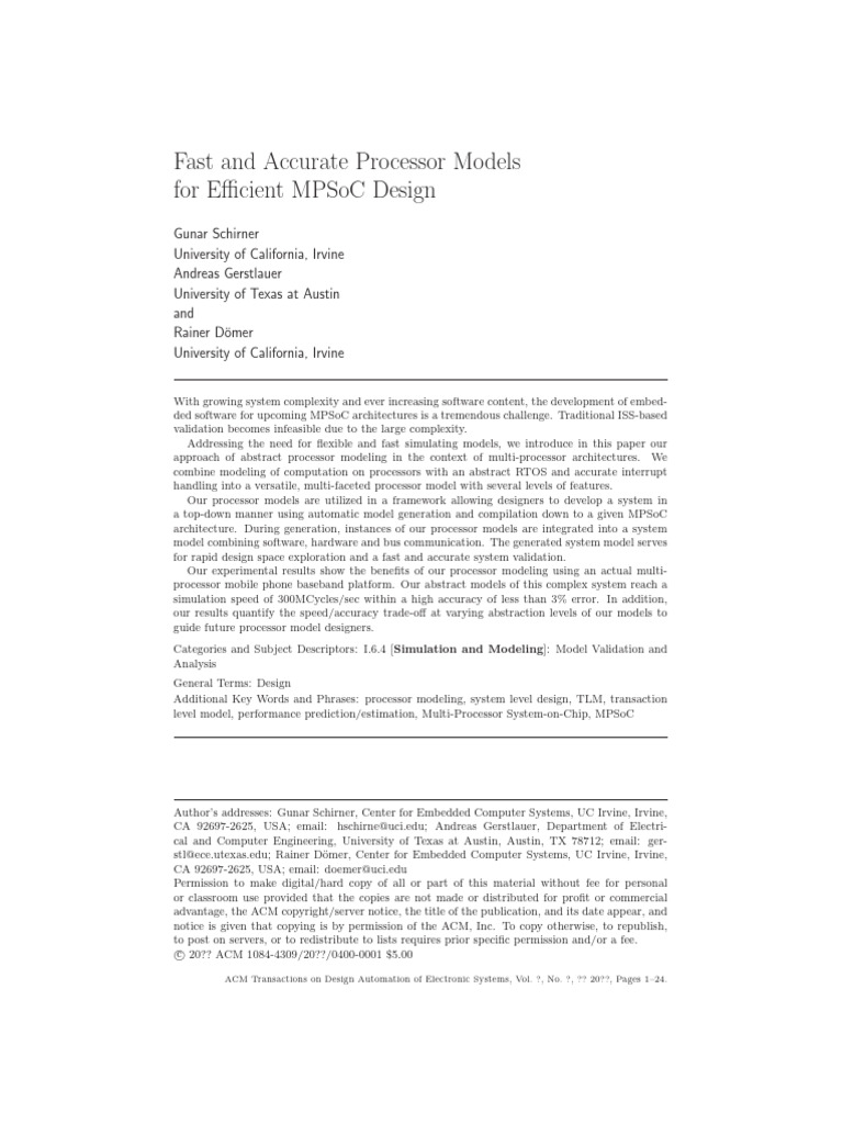 Fast and Accurate Processor Models For Efficient Mpsoc Design | PDF