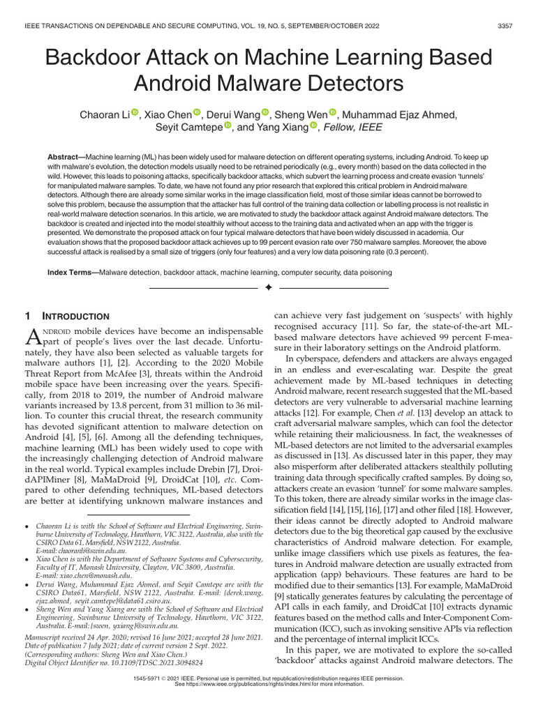 Backdoor Attack On Machine Learning Based Android Malware Detectors | PDF
