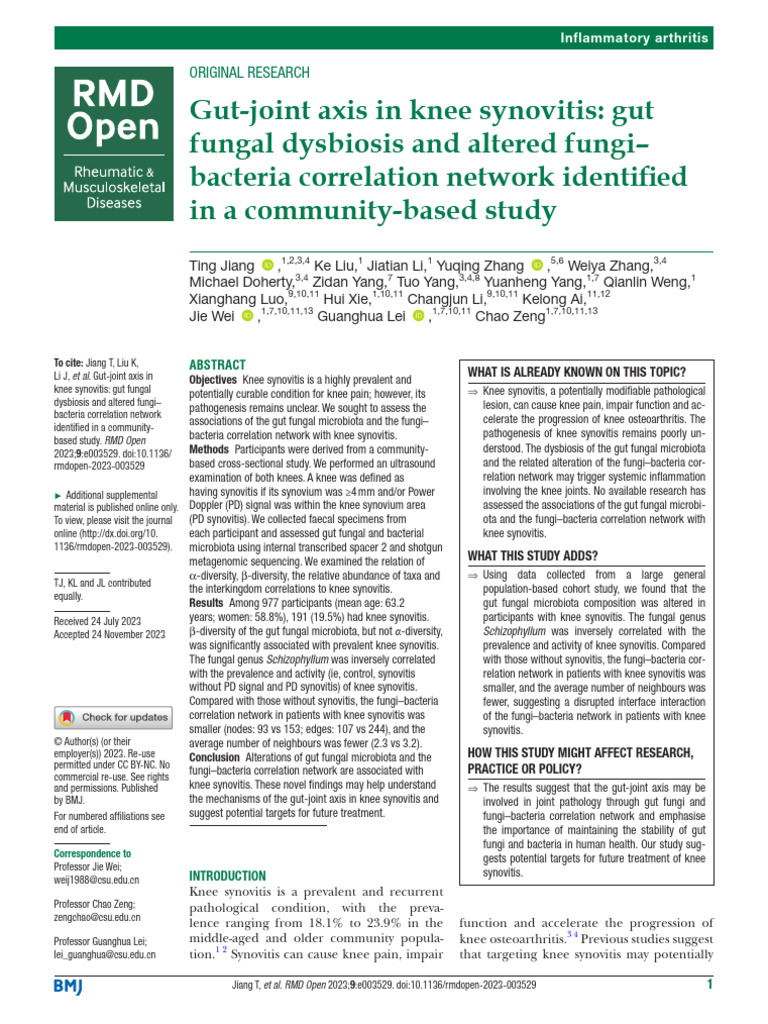 Gut-Joint Axis in Knee Synovitis Gut Fungal Dysbiosis and Altered Fungi ...
