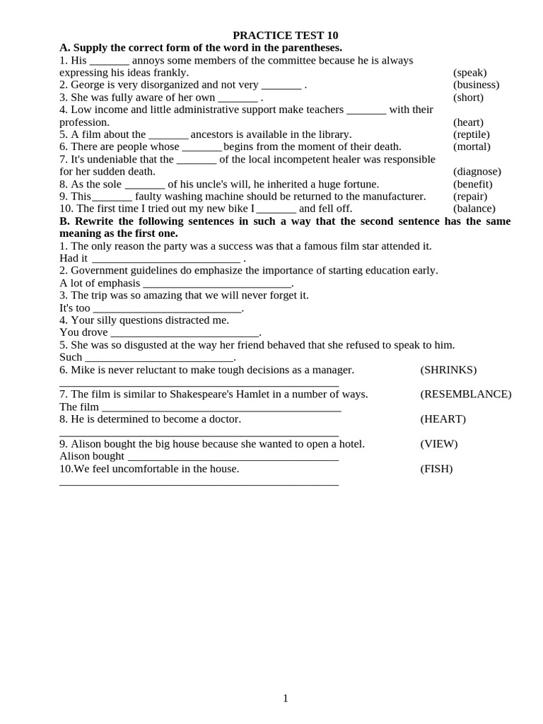 Word Form and Rewrite PRACTICE TEST 10 | PDF | Games & Activities ...
