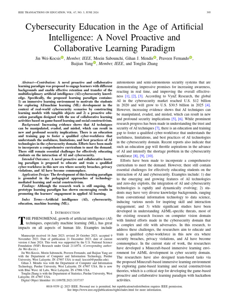 Cybersecurity Education in The Age of Artificial Intelligence A Novel Proactive and ...