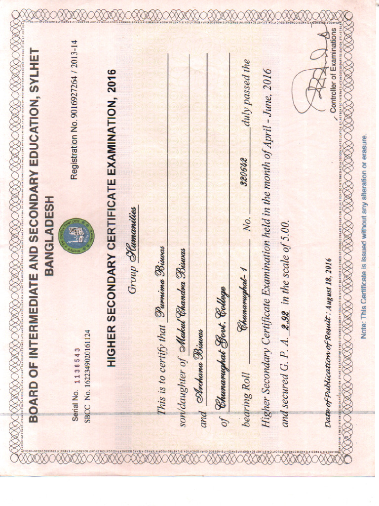 hsc certificate | PDF