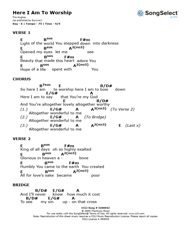 Here I Am To Worship-chords-E | PDF