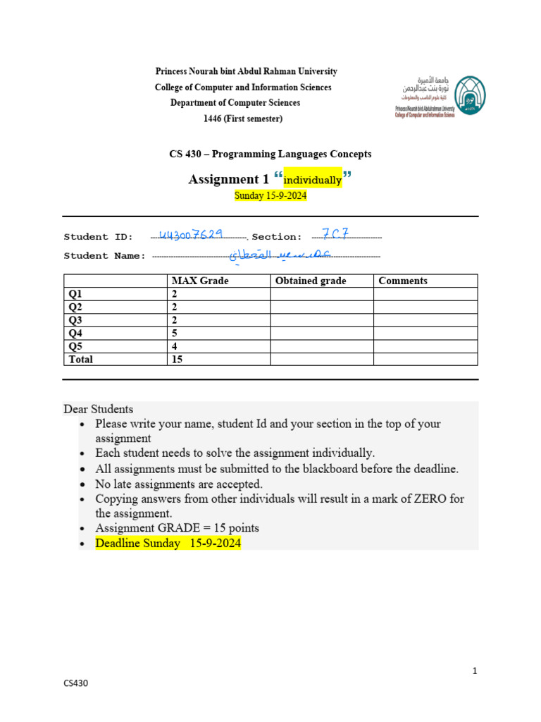 CS 430 Assignment#1 | PDF