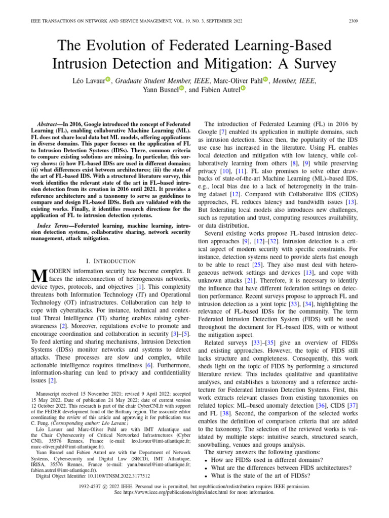 The Evolution of Federated Learning-Based Intrusion Detection and Mitigation A Survey | PDF