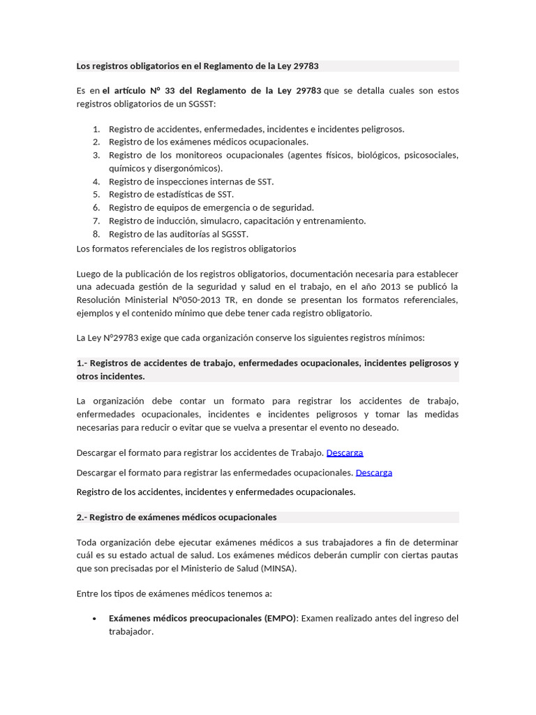 Los Registros Obligatorios en El Reglamento de La Ley 29783 | PDF | Estadísticas