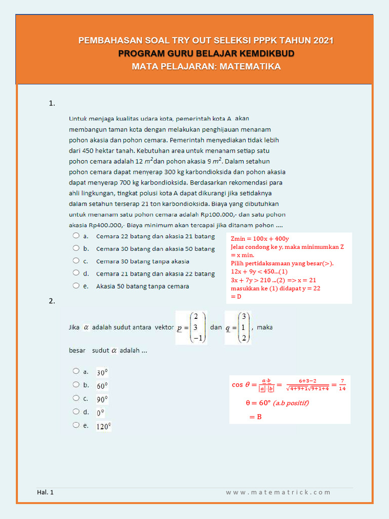 Pembahasan Soal Try Out Seleksi PPPK Tahun 2021 Mata Pelajaran: Matematika | PDF