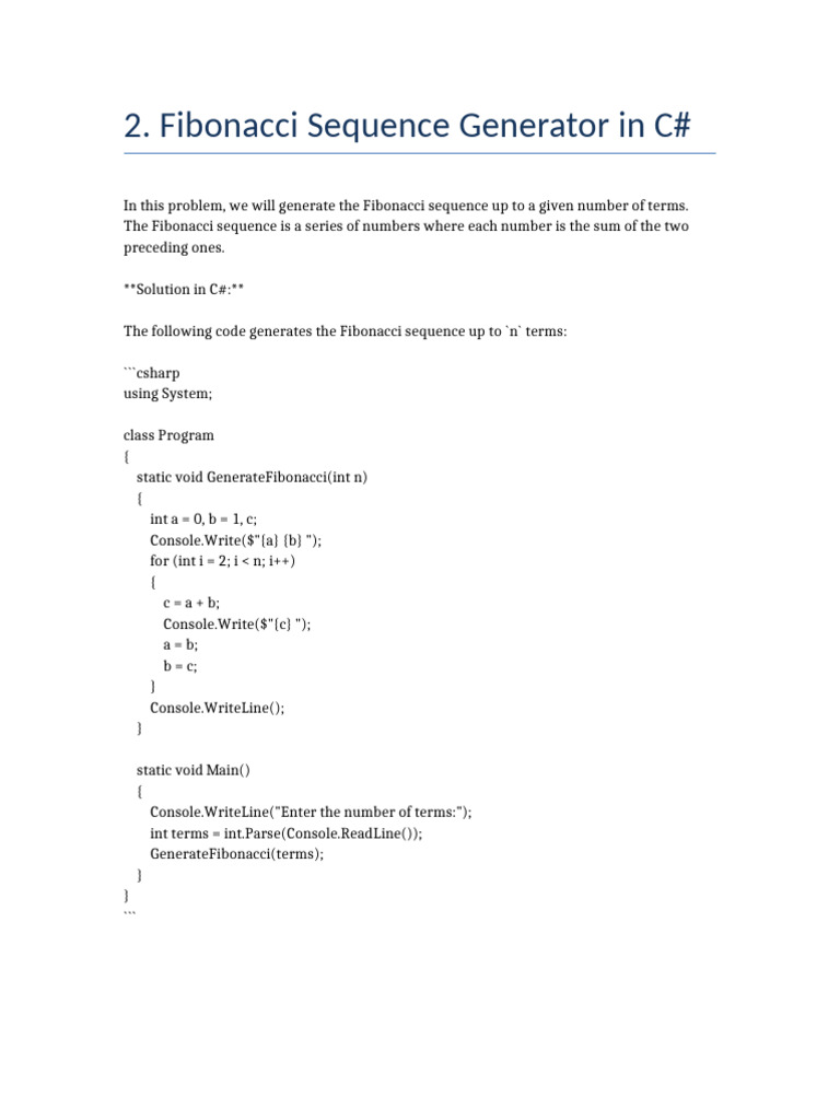 2 Fibonacci Sequence Generator in C# | PDF