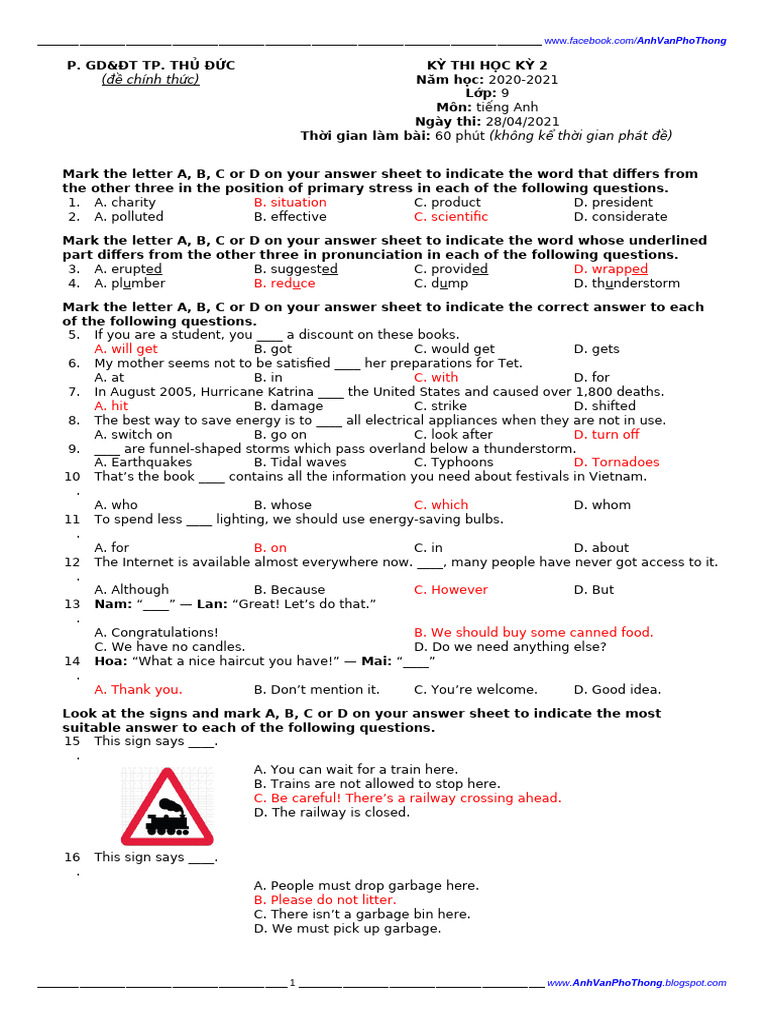De Dap An Thi HK2 Tieng Anh 9 TP Thu Duc | PDF