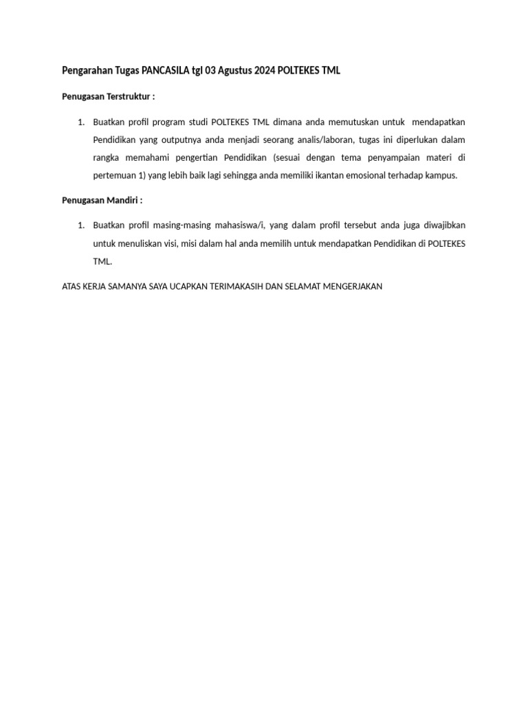 Pengarahan Tugas Pancasila TGL 03 Agustus 2024 Poltekes TML | PDF