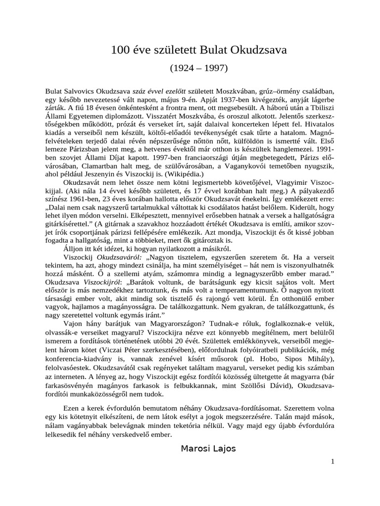 100 Éve Született Bulat Okudzsava | PDF
