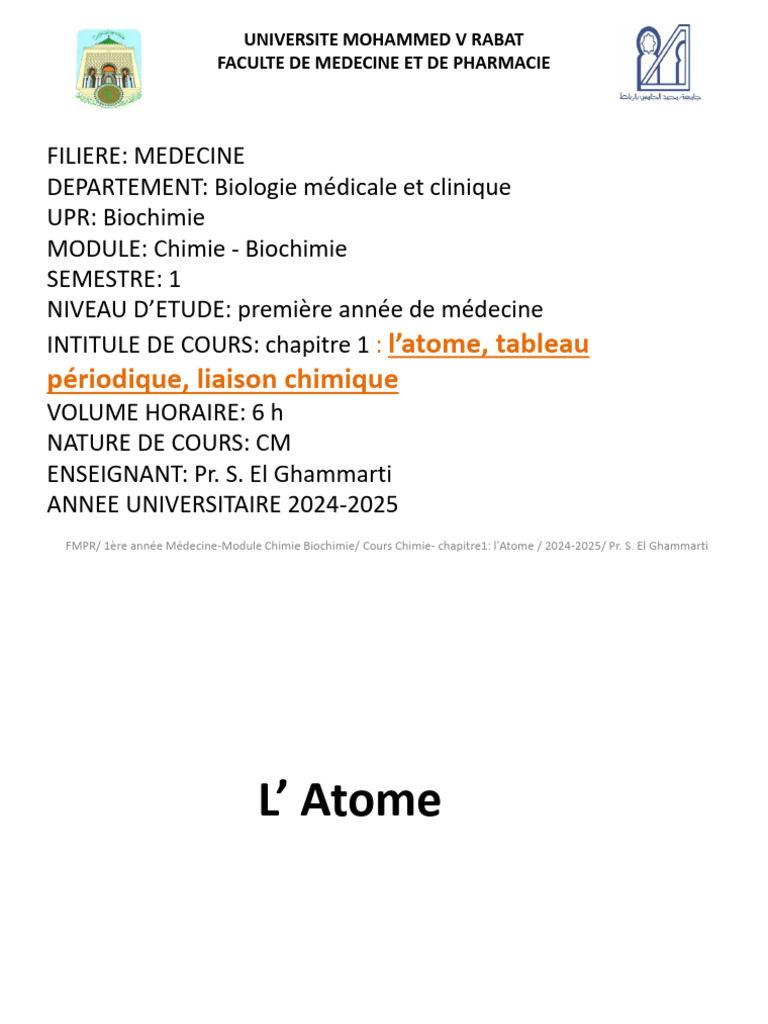 Chap1 L'atome 2024-2025 Sam | PDF