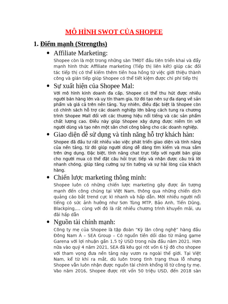 Mô Hình Swot C A Shopee | PDF