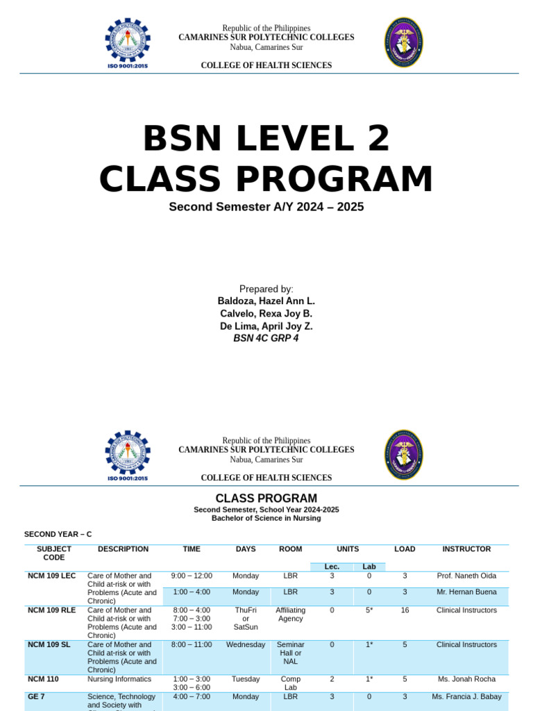 BSN Level 2 Class Program: Second Semester A/Y 2024 - 2025 | PDF
