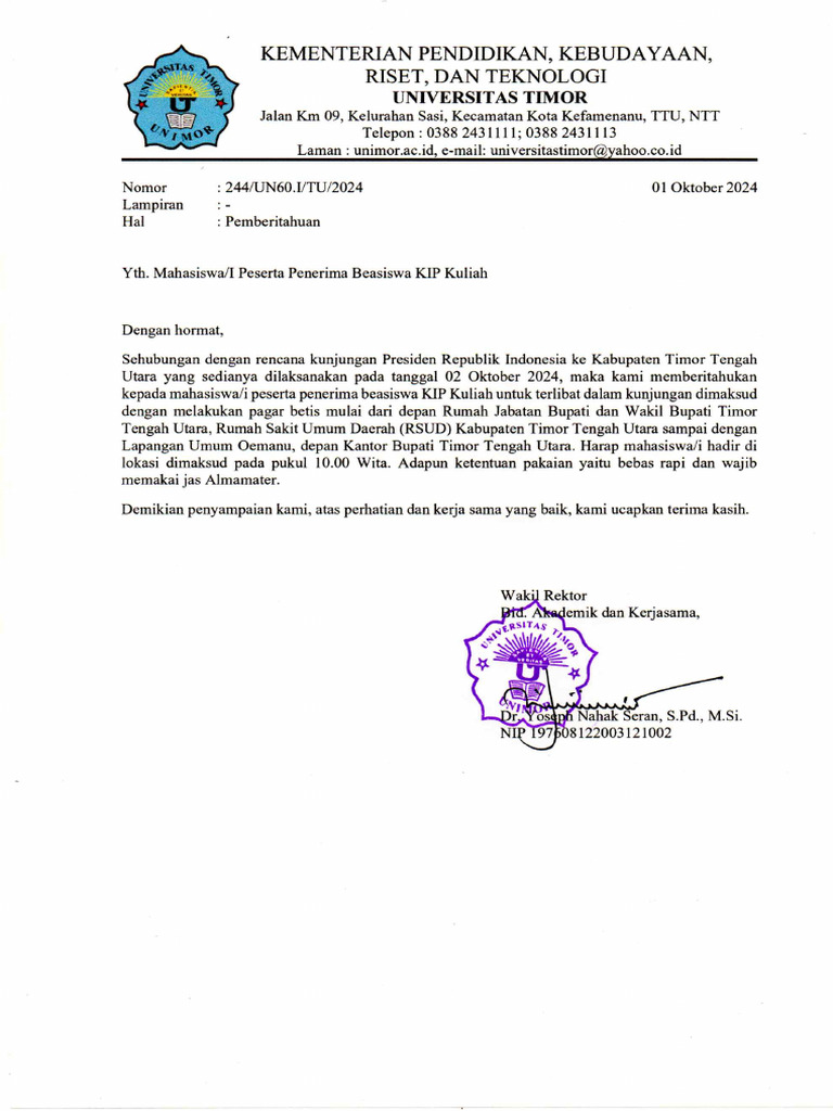 Surat Pemberitahuan Kip Kuliah | PDF