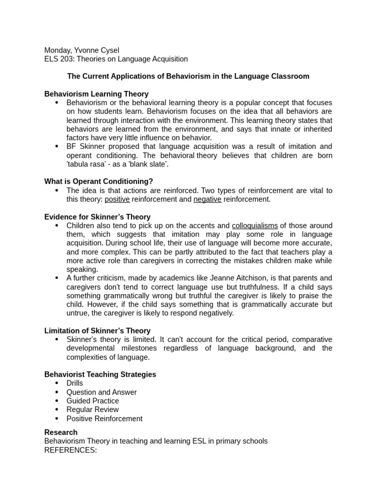 The Current Applications of Behaviorism in The Language Classroom-1 | PDF
