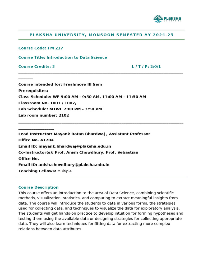 Course Outline - FM217 | PDF | Statistics | Computers