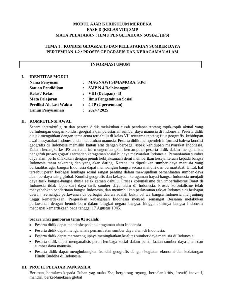 Modul Ajar Ips K-Viii Tema 1 | PDF