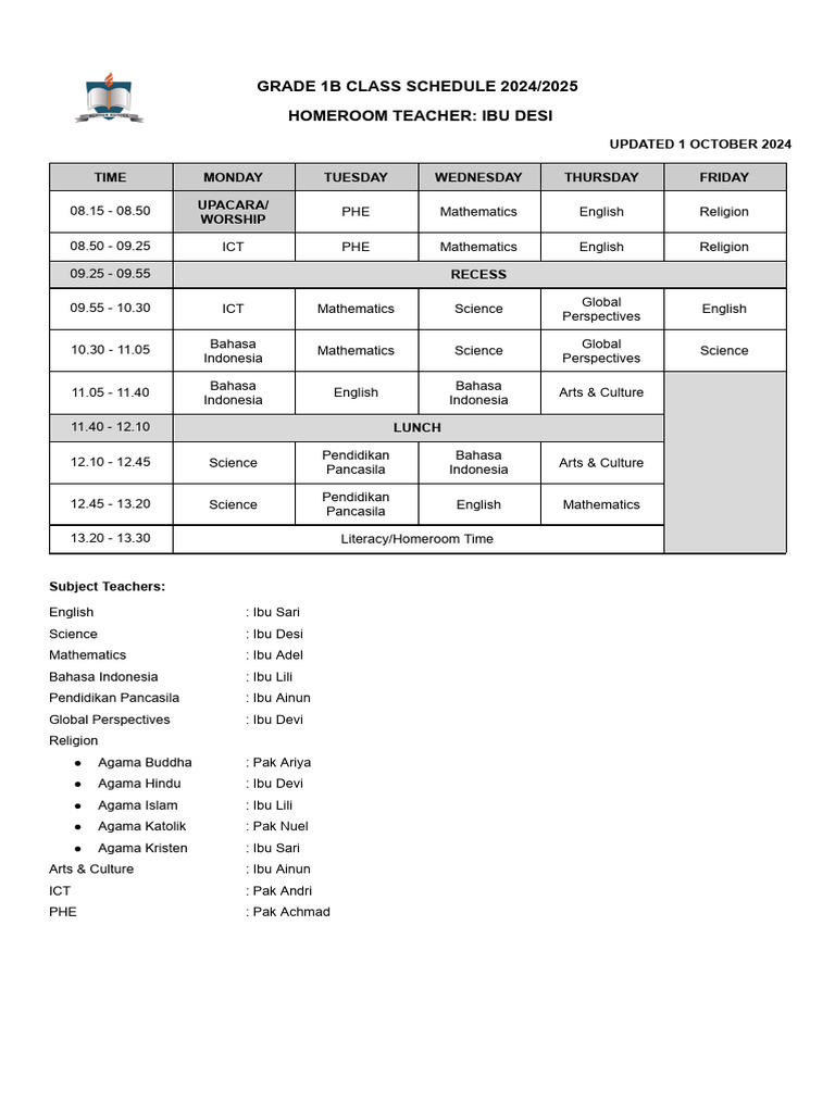 G1B Class Schedule - Term 2 2024-2025sa | PDF