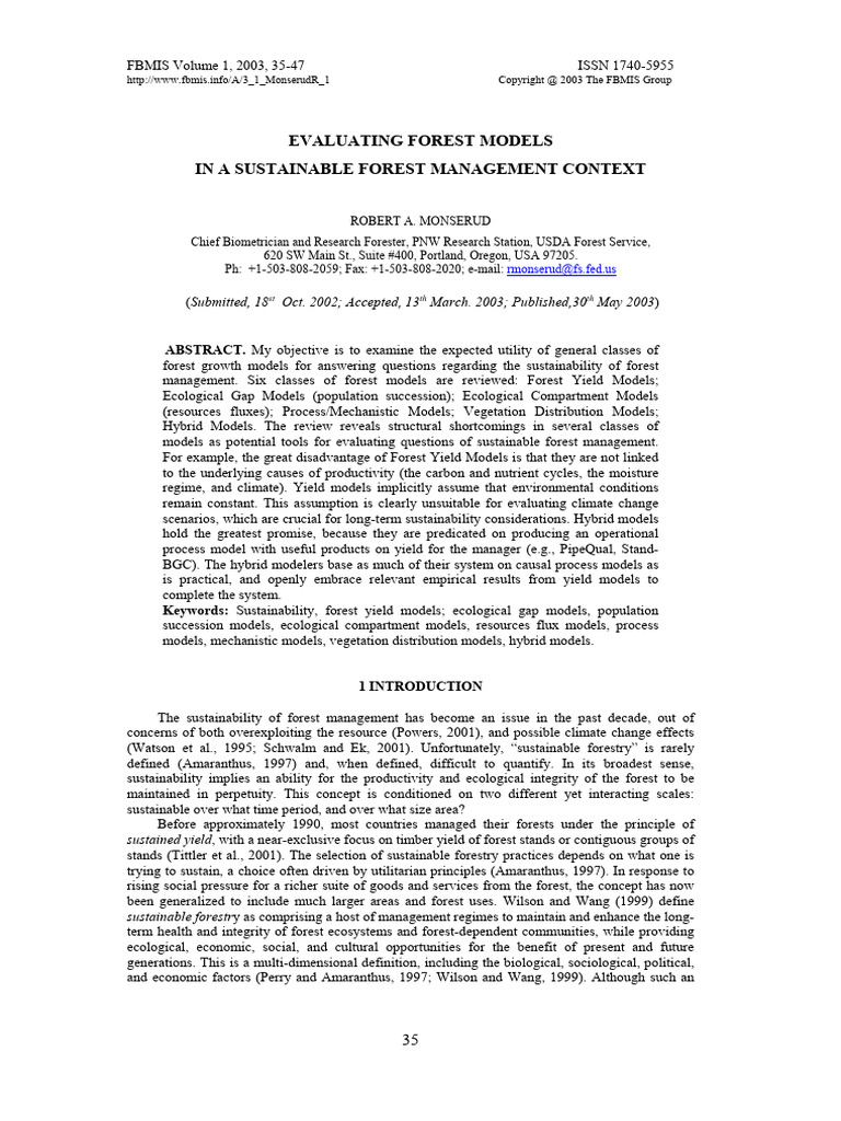 EVALUATING FOREST MODELS IN A SUSTAINABLE FOREST MANAGEMENT CONTEXT | PDF