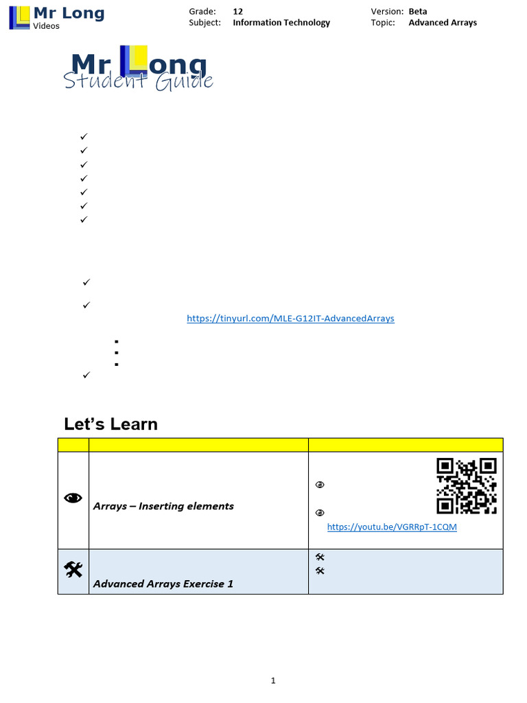 Advanced-Arrays-Mr-Long-Student-Guide | PDF