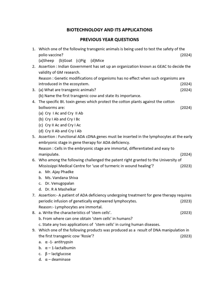 Previous Year Questions Biotechnology and Its Applications | PDF
